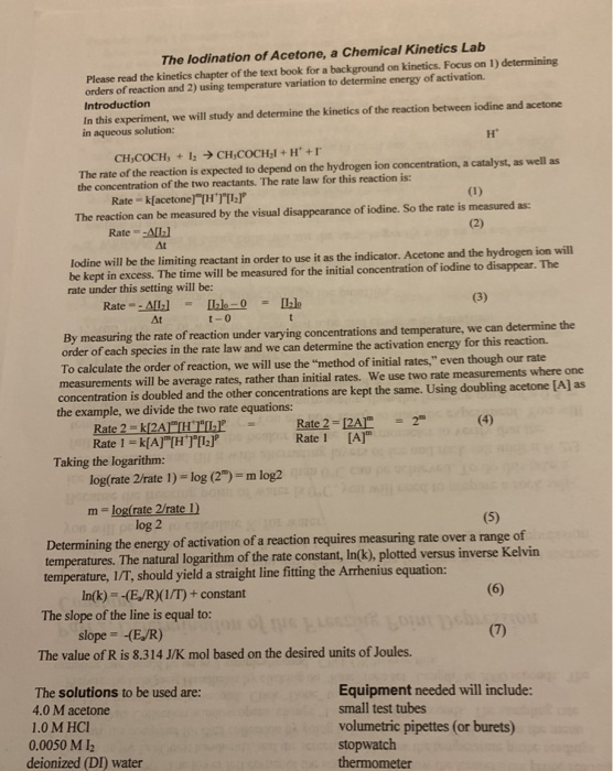 The lodination of Acetone, a Chemical Kinetics Lab | Chegg.com