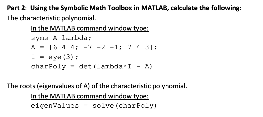 Solved Part 2: Using the Symbolic Math Toolbox in MATLAB, | Chegg.com