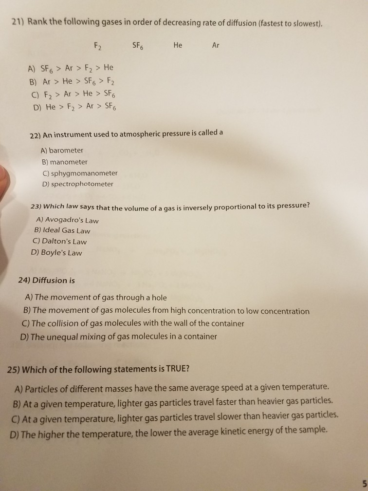 Solved 21) Rank the following gases in order of decreasing | Chegg.com