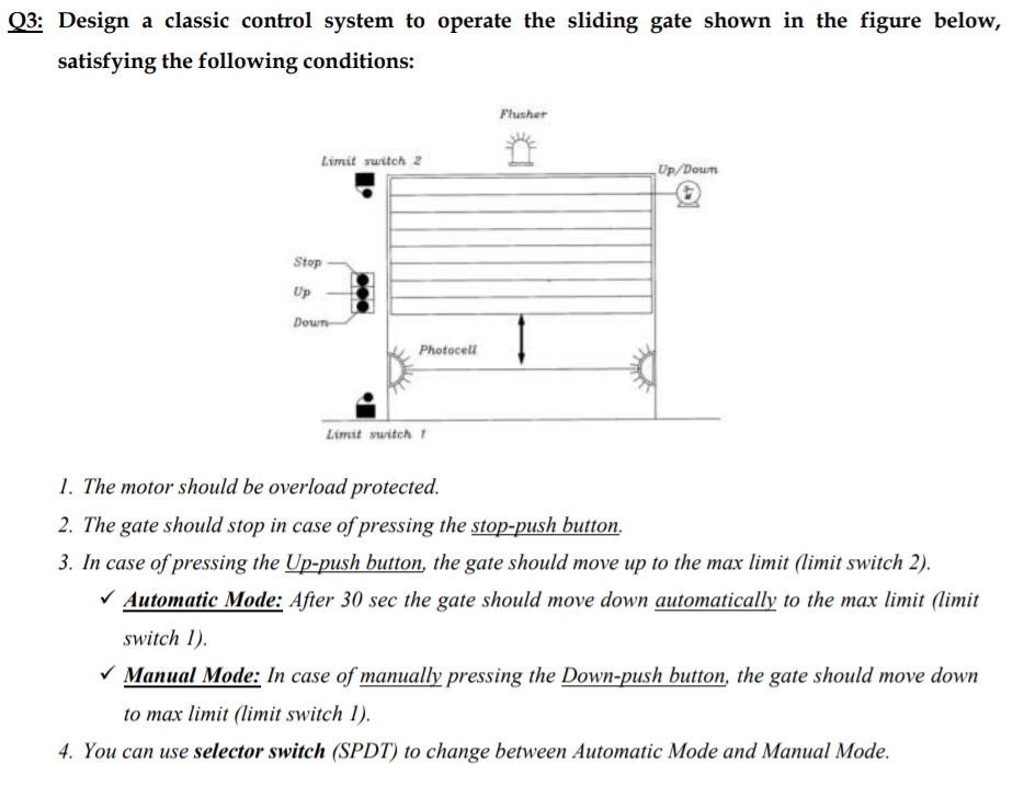 Solved Q3: Design a classic control system to operate the | Chegg.com
