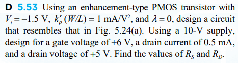 Solved D 5.53 Using an enhancement-type PMOS transistor with | Chegg.com