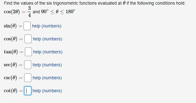 Solved Find the values of the six trigonometric functions | Chegg.com