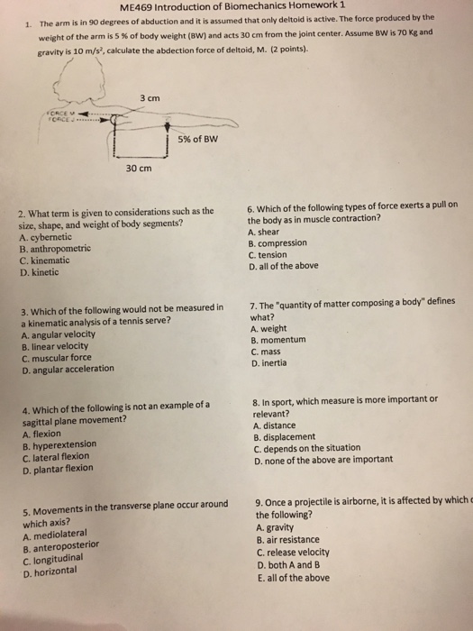 Solved ME469 Introduction of Biomechanics Homework 1 The arm | Chegg.com