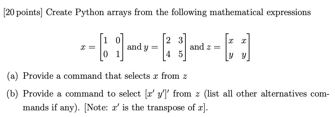 Solved 20 Points Create Python Arrays From The Following 