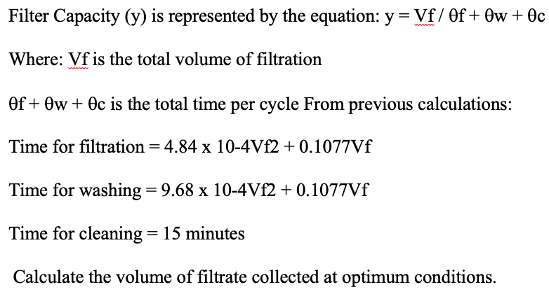 Solved Filter Capacity (y) is represented by the equation: | Chegg.com