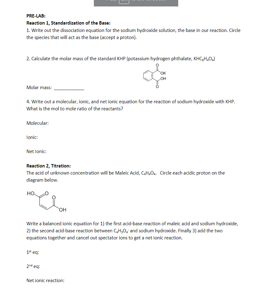 Solved PRE-LAB: Reaction 1, Standardization of the Base: 1. | Chegg.com