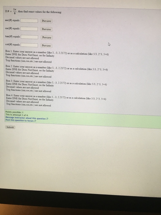 Solved If theta = 1 pi/6, then find exact values for the | Chegg.com