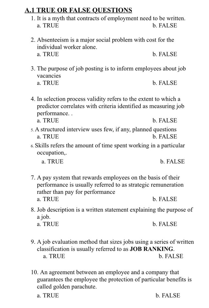 Solved A.1 TRUE OR FALSE QUESTIONS 1. It is a myth that | Chegg.com