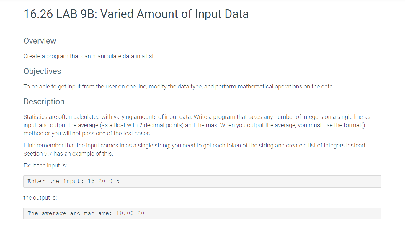 Solved 16.26 LAB 9B: Varied Amount of Input Data Overview | Chegg.com