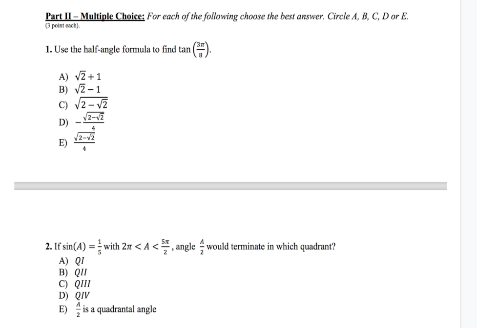Solved Part II - Multiple Choice: For each of the following | Chegg.com