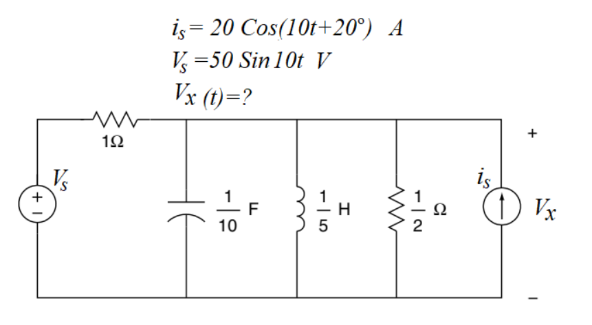 Solved iS=20Cos(10t+20∘)AVS=50Sin10t VVx(t)=? | Chegg.com