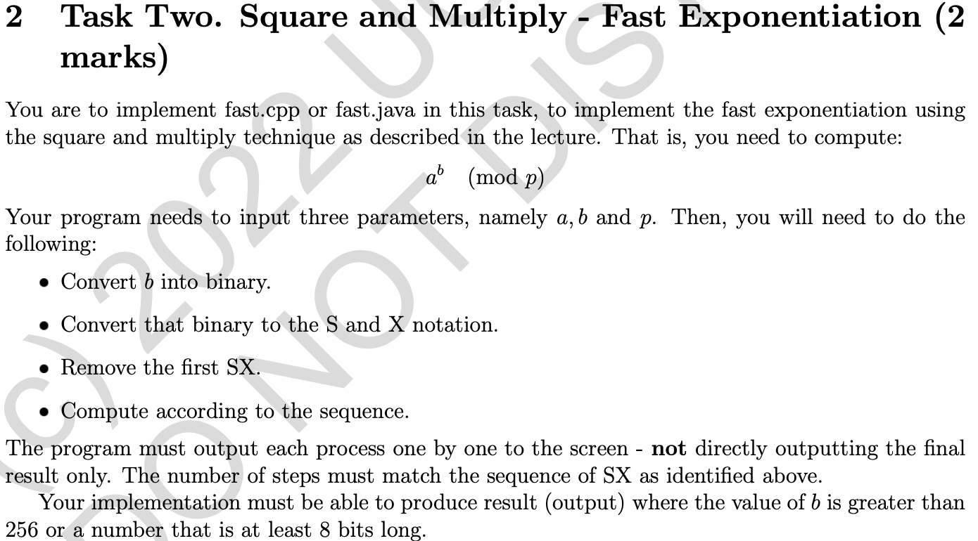 Solved 2 Task Two. Square and Multiply - Fast Exponentiation | Chegg.com