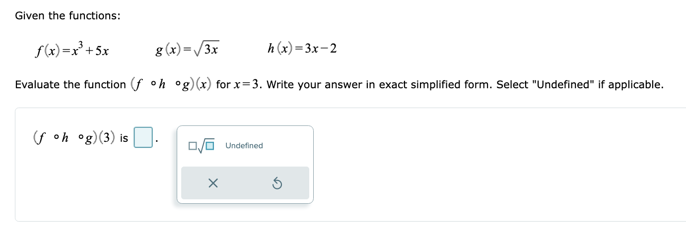Solved Given the functions: f(x)=x3+5xg(x)=3xh(x)=3x−2 | Chegg.com