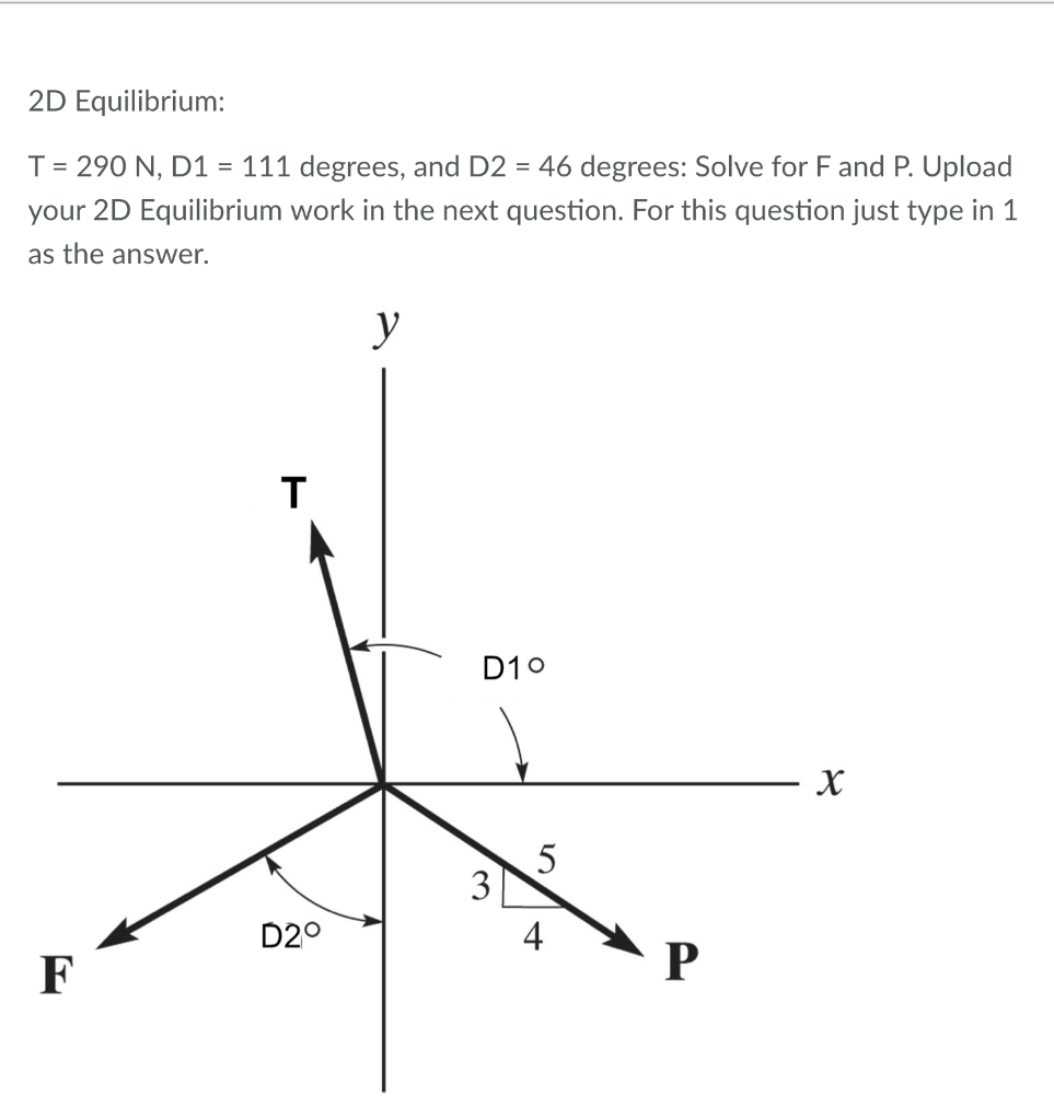 Solved 2D Equilibrium: T = 290 N, D1 = 111 degrees, and D2 = | Chegg.com