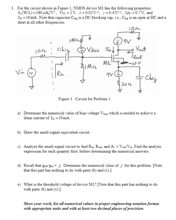 Solved 1. For the circuit shown in Figure 1, NMOS device M1 | Chegg.com