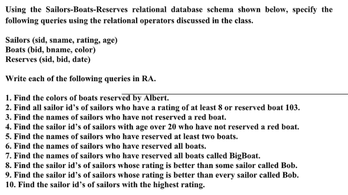 Solved Using The Sailors Boats Reserves Relational Database