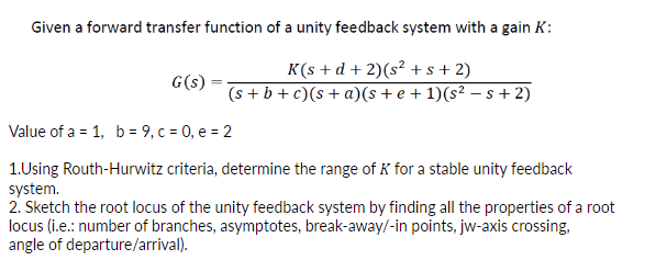 Given a forward transfer function of a unity feedback | Chegg.com