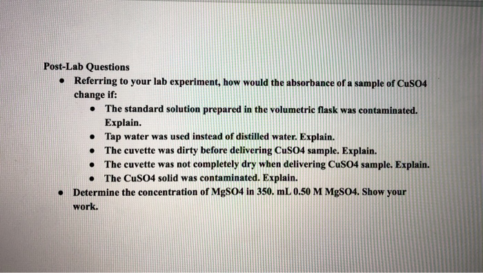 Solved Post-Lab Questions Referring to your lab experiment, | Chegg.com