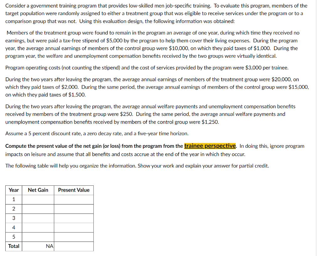 Solved Consider a government training program that provides | Chegg.com