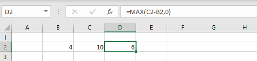 Solved D2 1 2 WN 3 A B 4 с 10 D =MAX(C2-B2,0) E 6 F G H | Chegg.com