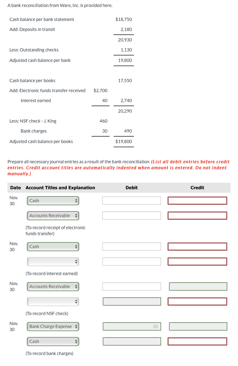 Solved A bank reconciliation from Ware, Inc. is provided | Chegg.com