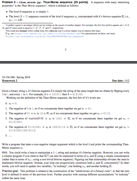 Solved Problem 5- thuemorse.py: Thue-Morse sequence [25 | Chegg.com