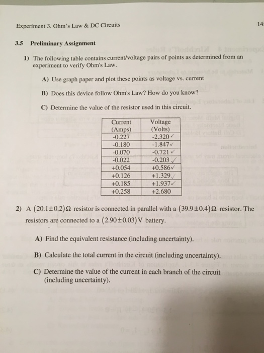 Solved Experiment 3. Ohm's Law &DC Circuits 14. 3.5 | Chegg.com