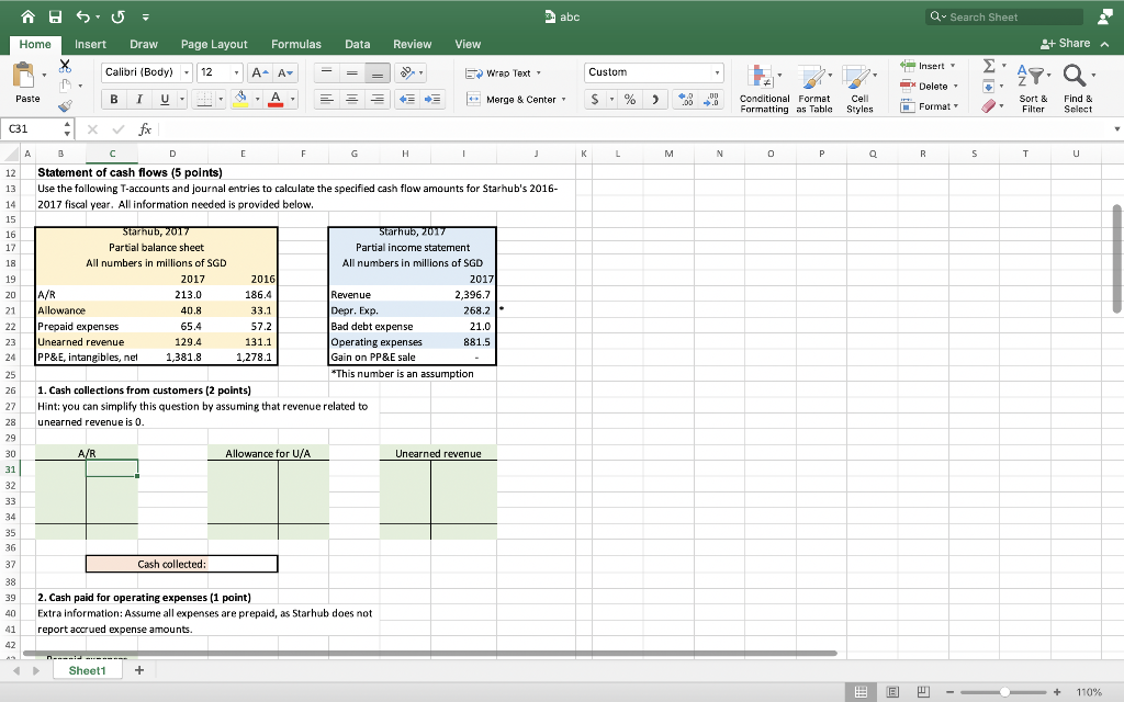 Solved ABS- abc Q Search Sheet Home Insert Draw Page Layout | Chegg.com