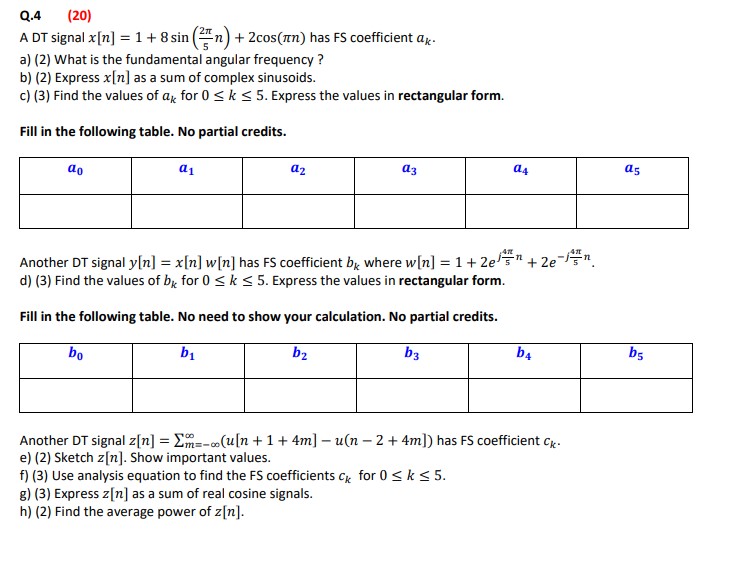 Solved Q.4(20)A DT signal x[n]=1+8sin(2π5n)+2cos(πn) ﻿has FS | Chegg.com