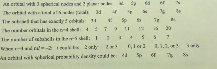 Solved An orbital with 3 spherical nodes and 2 planar nodes: | Chegg.com