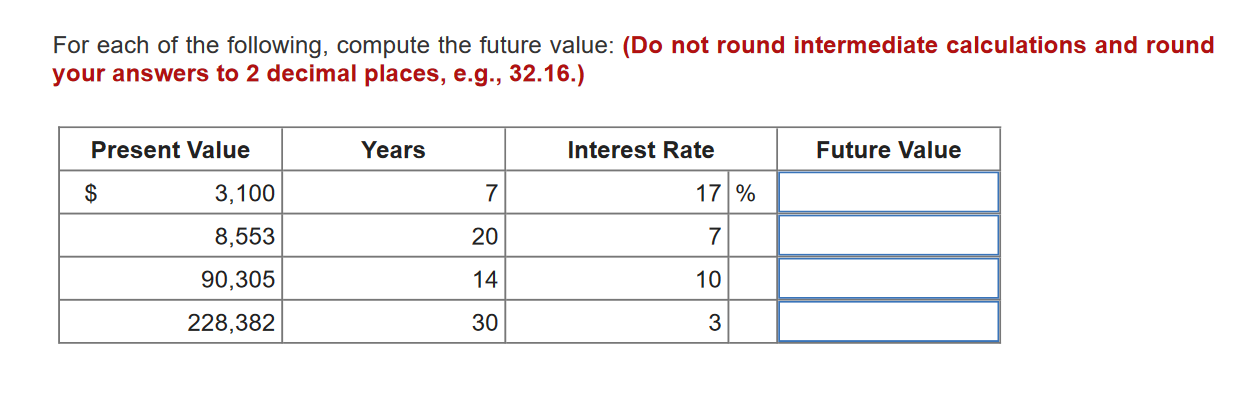 Solved For each of the following, compute the future value: | Chegg.com