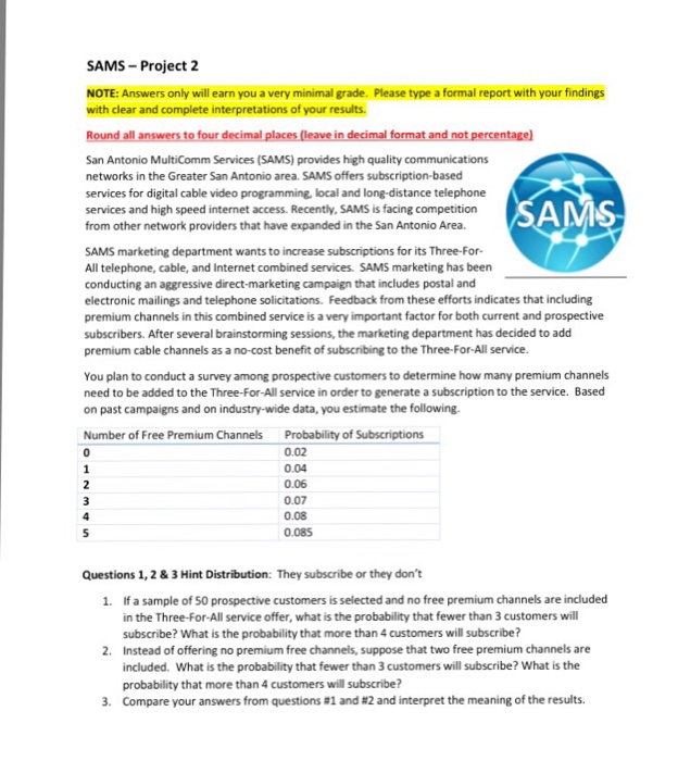 Solved SAMS-Project 2 NOTE: Answers only will earn you a | Chegg.com