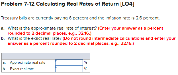 Solved Problem 7-12 Calculating Real Rates of Return [LO4] | Chegg.com