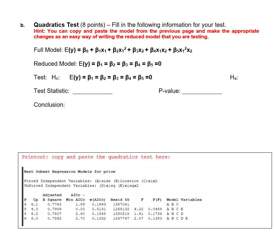 Solved b. Quadratics Test (8 points) - Fill in the following | Chegg.com