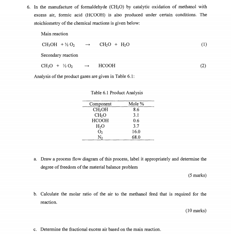 Solved 6. In the manufacture of formaldehyde (CH2O) by | Chegg.com