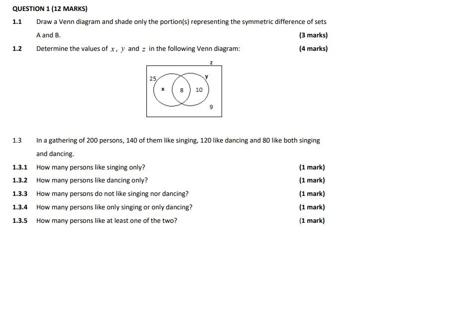 Solved QUESTION 1 (12 MARKS) 1.1 Draw a Venn diagram and | Chegg.com Solved QUESTION 1 (12 MARKS) 1.1 Draw a Venn diagram and | Chegg.com
