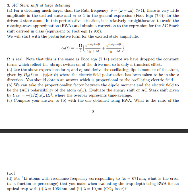 3. AC Stark shift at large detuning (a) For a | Chegg.com