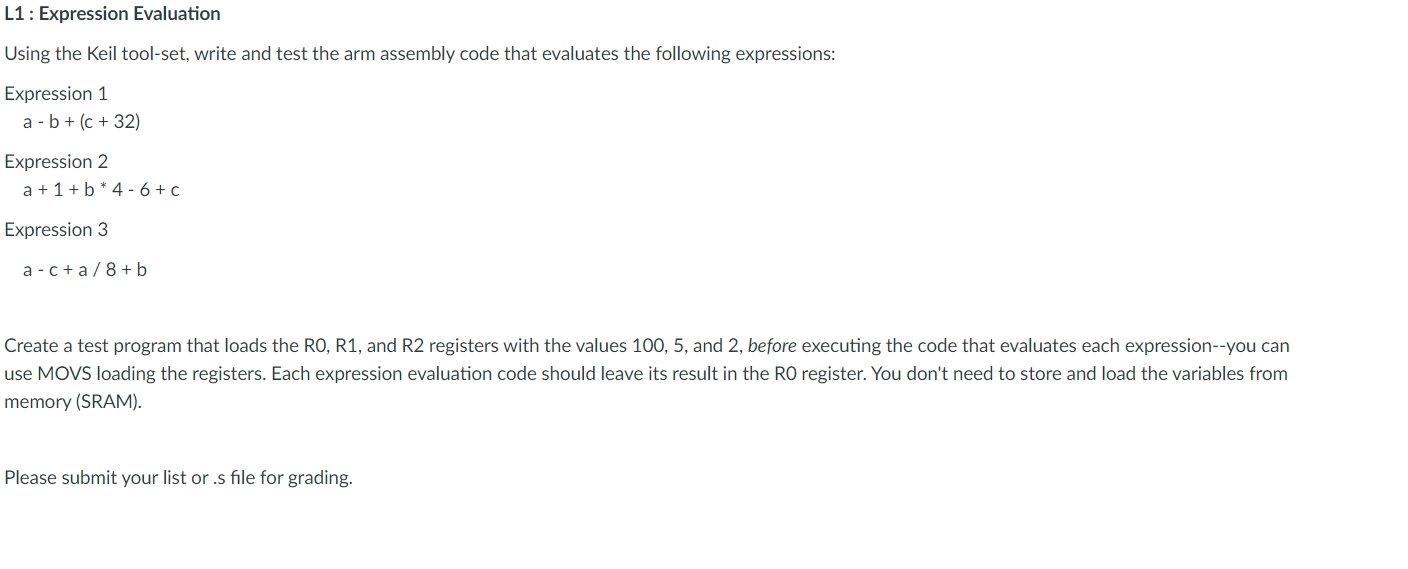 Solved L1 : Expression Evaluation Using the Keil tool-set, | Chegg.com