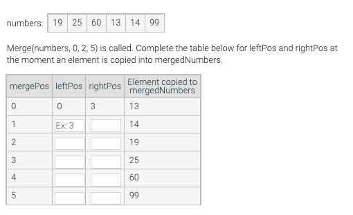 Solved Merge(numbers, 0, 2, 5) is called. Complete the table | Chegg.com