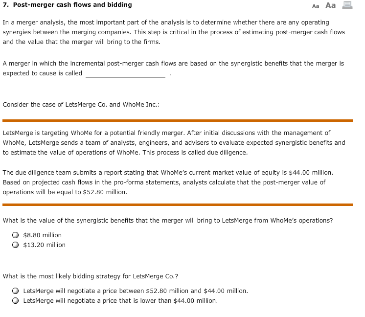 Solved 7. Post-merger cash flows and bidding Aa Aa In a | Chegg.com