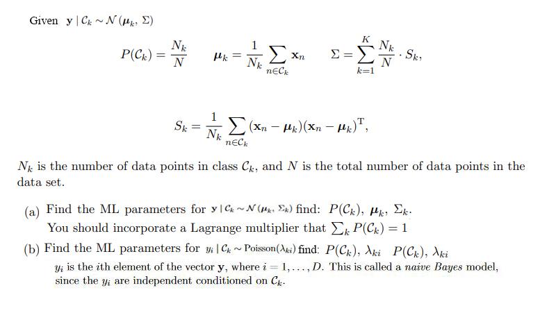 Solved Given ykN (uk: ) Nk P(Ck) Nk N H = 1 NR neck Σ = Sk, | Chegg.com