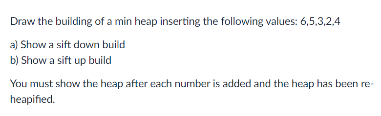 Solved Draw the building of a min heap inserting the | Chegg.com