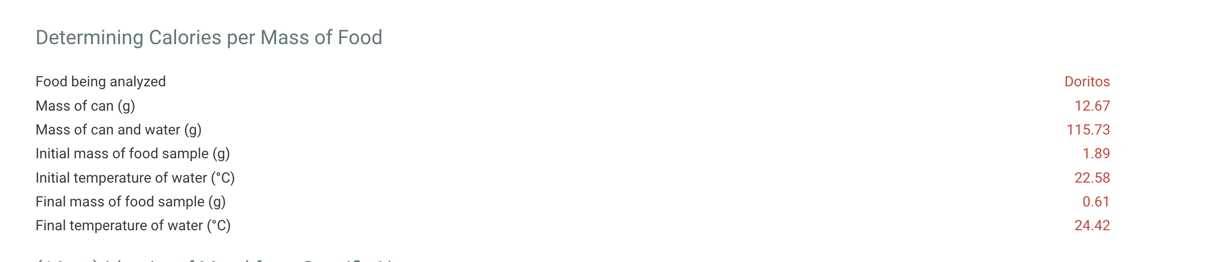 Solved Determining Calories per Mass of Food Food being | Chegg.com