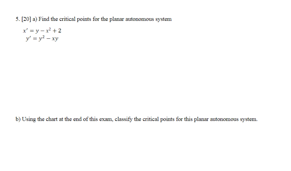 Solved [20] ﻿a) ﻿Find the critical points for the planar | Chegg.com