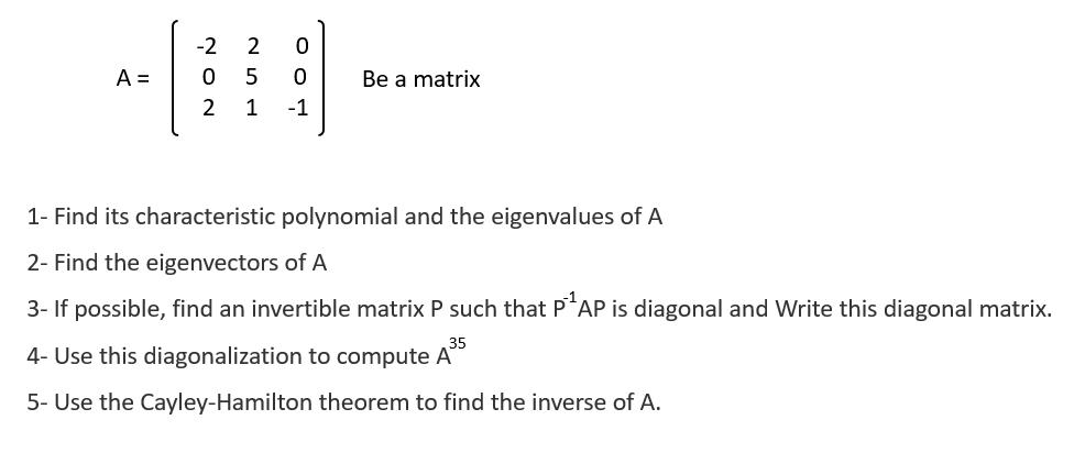 Solved A = -2 0 2 2 5 1 ܘ ܘ ܝܙ Be a matrix -1 1- Find its | Chegg.com