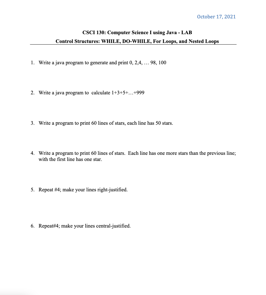 Solved October 17, 2021 CSCI 130: Computer Science I using | Chegg.com