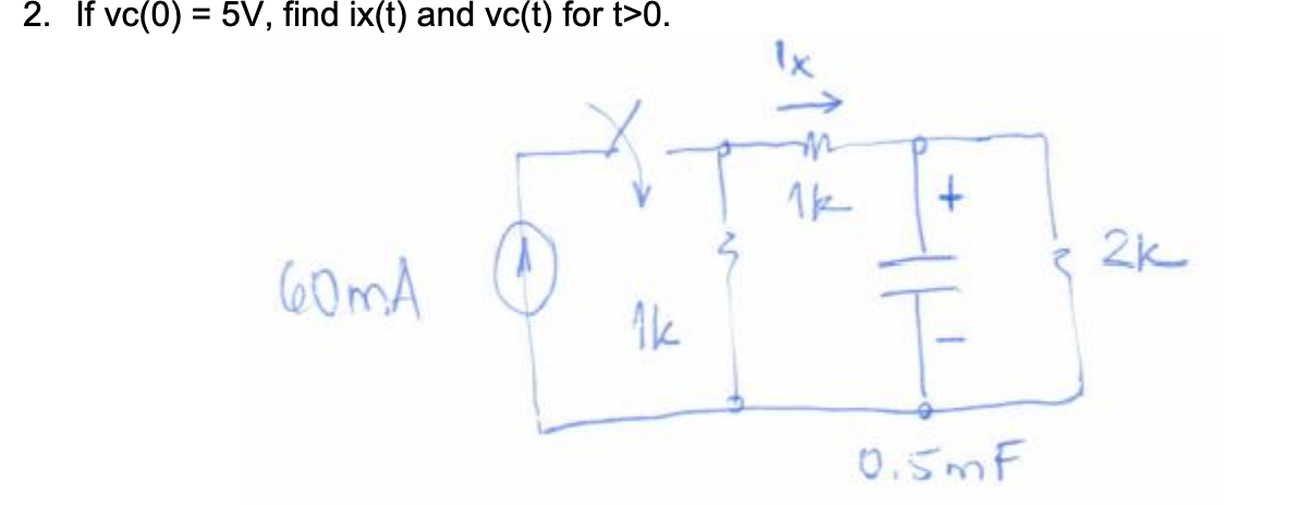 Solved = 2. If vc(O) = 5V, find ix(t) and vc(t) for t>0. Ix | Chegg.com