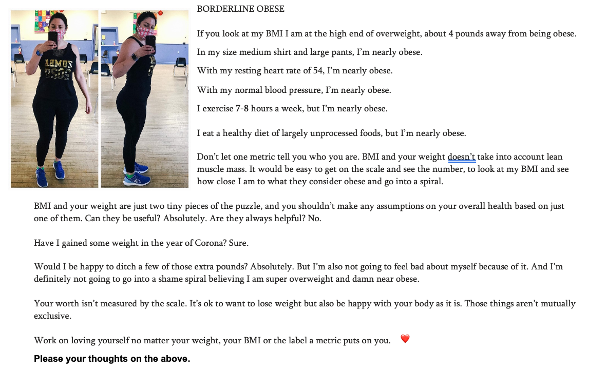 Solved BORDERLINE OBESE If you look at my BMI I am at the | Chegg.com