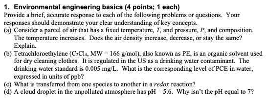 Solved 1. Environmental engineering basics (4 points; 1 | Chegg.com