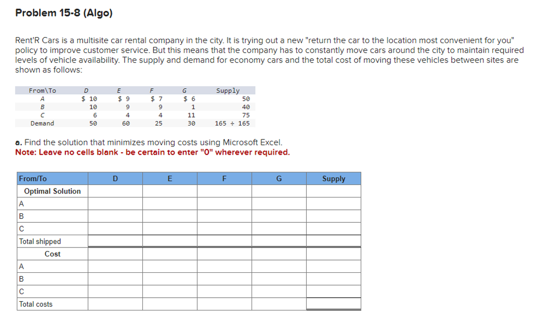 Solved Problem 15-8 (Algo)Rent'R Cars is a multisite car | Chegg.com